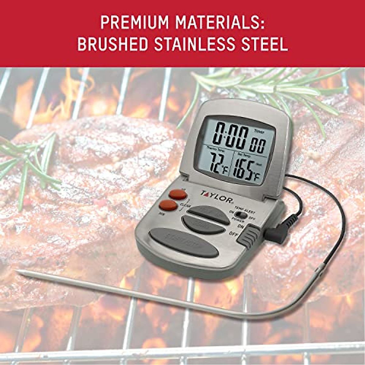Taylor Programmable with Timer Instant Read Wired Probe Digital, Meat, Food, Grill BBQ Cooking Kitchen Thermometer, Stainless Steel