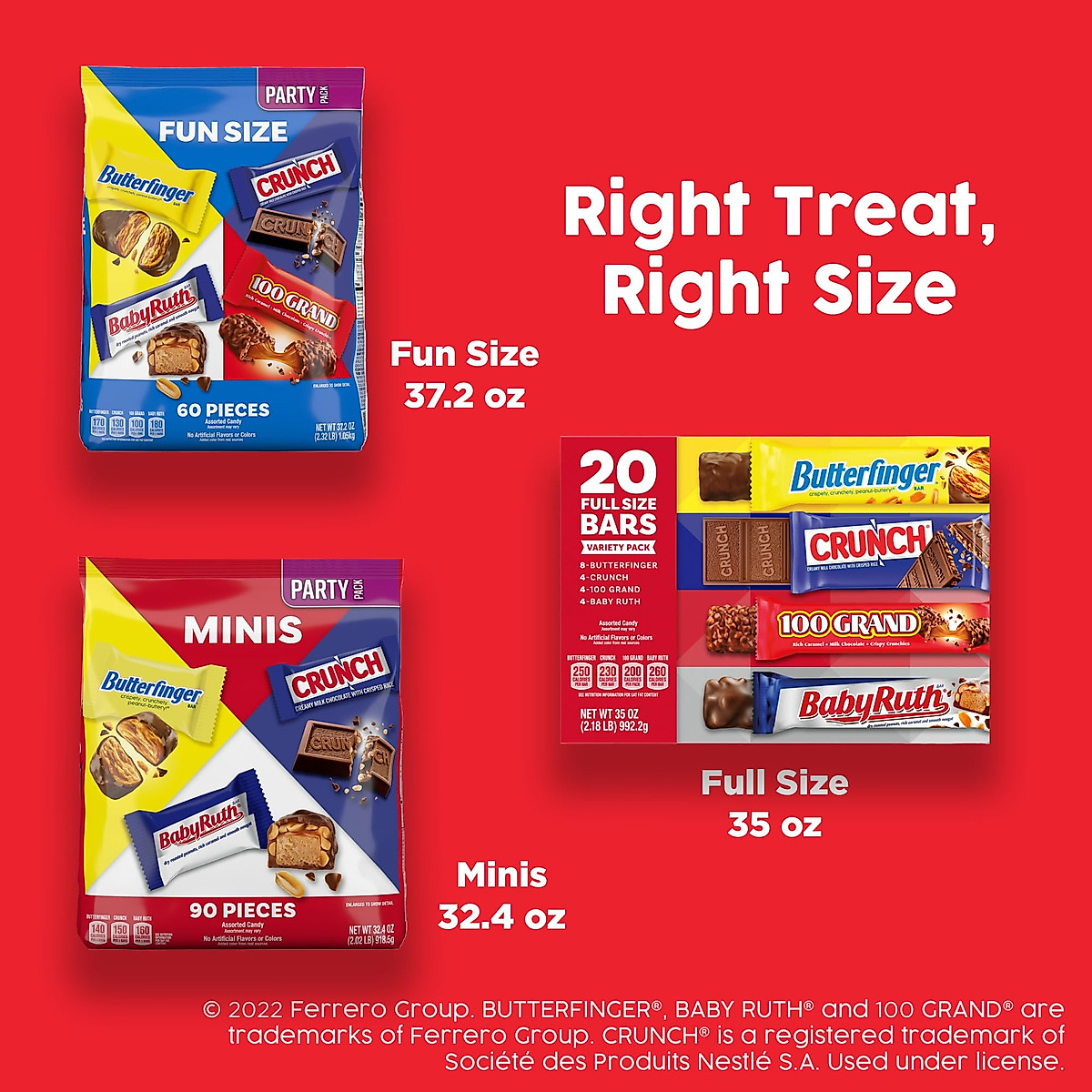 Butterfinger, CRUNCH and Baby Ruth, Bulk 90 Pack, Assorted Minis Chocolate Candy Bars, 32.4 oz