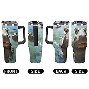 YTLKGFP 40 Oz Large Capacity Car Cup Cute Hippos Tumbler with Handle (Black) Straw Lid Insulated Stainless Steel Water Bottle Travel Mug Leak-proof Car Cup Keeps Cold Or Hot