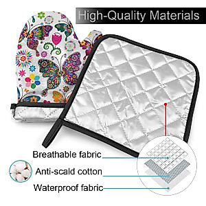 Colorful Butterflies and Flowers Oven Mitts Pot Holders Set, Heat Resistant Kitchen Waterproof with Inner Cotton Layer for Cooking BBQ Baking