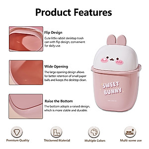 Benshukam Mini Trash Can with Lid Cute Rabbit Desktop Flip Small Trash Can 0.35 Gallons Countertop Garbage Cans for Bathrooms, Kitchens, Offices, Waste Basket for Dressing Table (White)