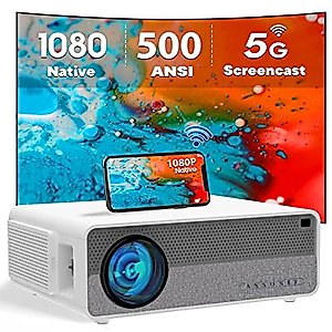 ANXONIT Native 1080P Projector, 500 ANSI Lumens FHD Video Projector, 5G WiFi Screencast, Dual 8W Speakers with Bluetooth, 300" Screen Home Theater,Compatiable with Android/iOS