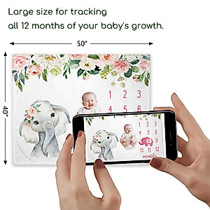 Popfavors Floral Elephant Baby Monthly Milestone Blanket, Jungle Elephant Girl's Soft Fleece Monthly Milestone Blanket , Girl Elephant Nursery Infant Newborn, Includes Marker (White, 50x40 inch )