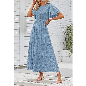 ZESICA Women's 2025 Summer Casual Floral Print Short Flutter Sleeve Crew Neck Smocked High Waist Flowy Maxi Dress,Blue,Large
