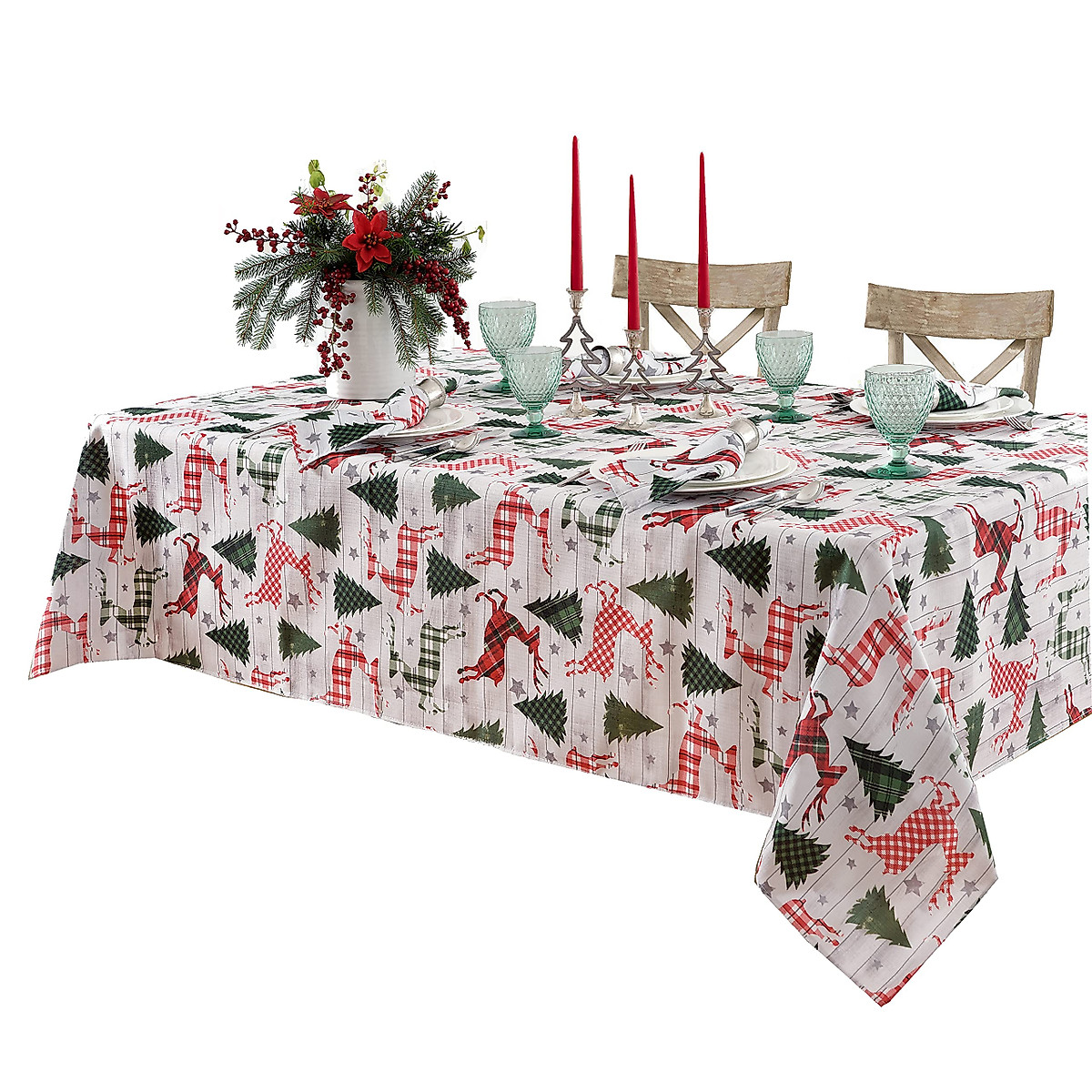 Newbridge Merry Reindeer Prance Country Rustic Christmas Fabric Tablecloth, Fun Cottage Reindeer and Xmas Tree Plaid Easy Care Holiday Tablecloth, 52” x 52” Square