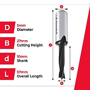 Amana Tool - 201005 Carbide Tipped Brad Pt. Boring Bit R/H 5mm Dia x 57mm Long x 10mm Sh