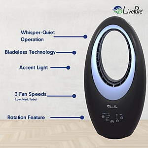 LivePure Bladeless Oscillating Fan. 3-Speed Adjustment, Touch Control, Quiet Cooling Fan. Stand Up Fan for Bedroom, Office, Kitchen. Black