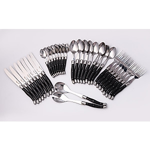 Laguiole By FlyingColors Stainless Steel Flatware Set. Black Color Handle, Wooden Storage Box, 34 Pieces