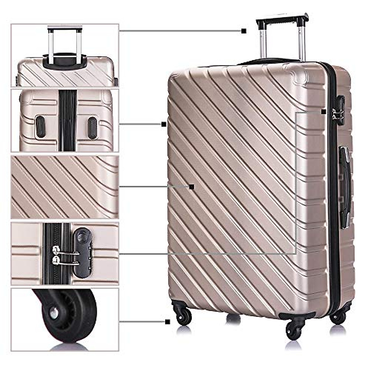 Apelila 5 Piece Hardshell Luggage Sets,Travel Suitcase,Carry On Luggage with Spinner Wheels Free Cover&Hanger Inside (Champagne Gold With Bag)