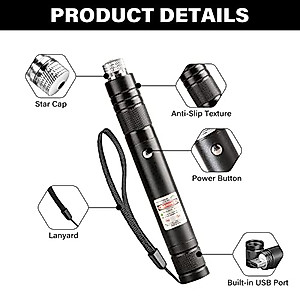GAWYOLK Green Laser Pointer High Power, [Aluminum Alloy Shell] [Built-in USB] Rechargeable Lazer Pointer Long Range (10000 Feet) Strong Laser Beam for Hiking Hunting Astronomy