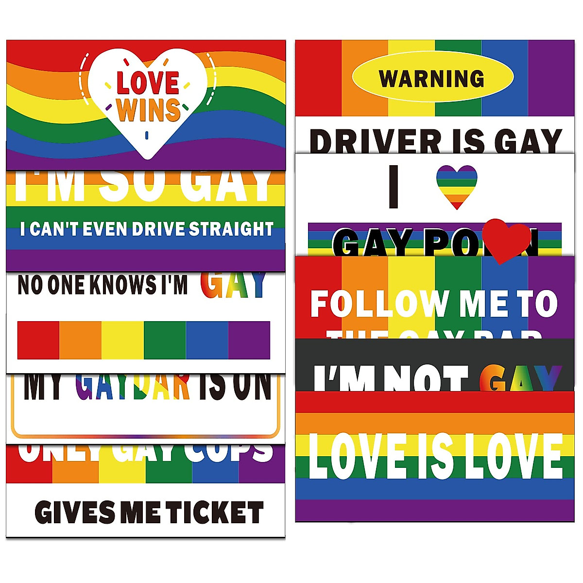 10 Pcs Magnetic Bumper Decals Funny Bumper Stickers Rainbow Car Decals Prank Car Stickers Gay Pride Magnets for Vehicles Truck Car Refrigerator