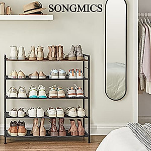SONGMICS Shoe Rack Storage Organizer 5 Tier, Metal Shoe Rack Storage Shelf for Closet Entryway, Sturdy Large Shoe Stand for 20-25 Pairs with 4 Hooks, Adjustable Feet, 5 Fabric Shelves, Not Wooden Top