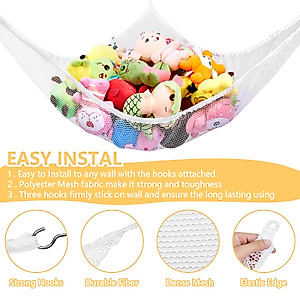 Stuffed Animal Net or Hammock, Stuffed Animal Net, Jumbo Toy Net Hammock for Stuffed Animals KoHuiJoo Wall Sling Corner Extra Large Kids Children Mesh Toy Net Organizer (White 2Pack, 83 Inch)