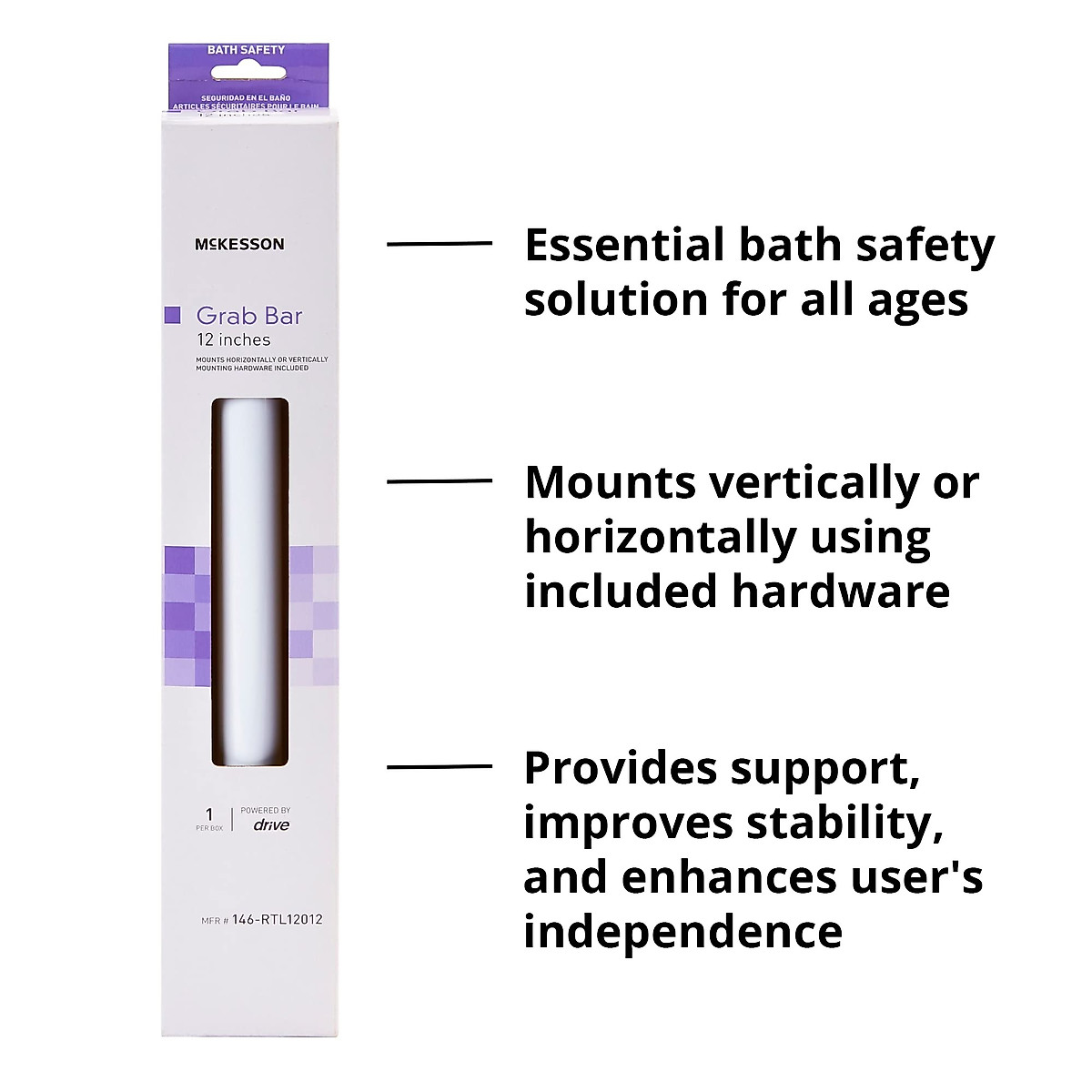 McKesson Grab Bar for Bathtub and Showers, Streel, White, 12 in L, 1 Count