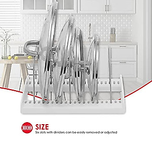 Home Basics Lid and Pan Adjustable Organizer, White | 6 Slots with Divider | Strong & Sturdy Metal Wires with Plastic Base