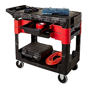 Rubbermaid Commercial Products Trades Tool Utility Cart, Mobile Work Station, With 2 Parts Boxes and 4 Parts Bins, 330 lb. Capacity, 5" Casters, Black, for Warehouse/Garage/Cleaning/Maintenance