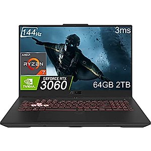 Asus TUF Gaming A17 17.3" FHD 144Hz Gaming Laptop (64GB DDR5 RAM, 2TB PCIe SSD, AMD 8-Core Ryzen 7 6800H, GeForce RTX 3060 6GB 140W) RGB Backlit Keyboard, Type-C, WiFi 6, Ray Tracing, Win 11 Home