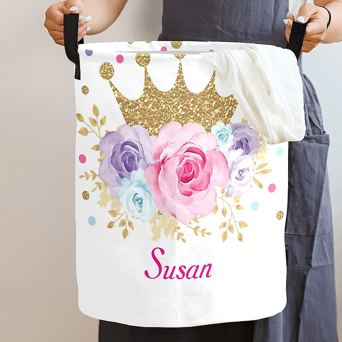 Personalized Custom Beautiful Flower Pattern Laundry Baskets with Name Waterproof Laundry Hampers Storage Baskets with Handles for Baby Boys Girls Gift