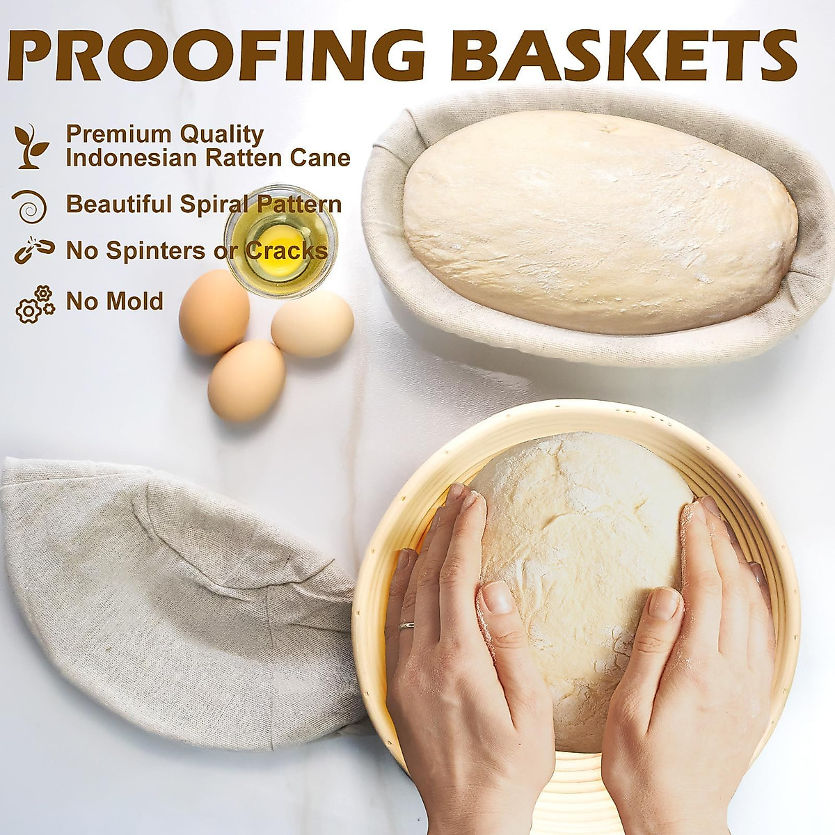 Banneton Bread Proofing Baskets, 9 Inch Round & 10 Inch Oval Sourdough Baking Basket, Complete Set for Bread Making—Bread Lame, Danish Whisk, Dough Scrapers, Flour & Sugar Sifter, Basting Brush