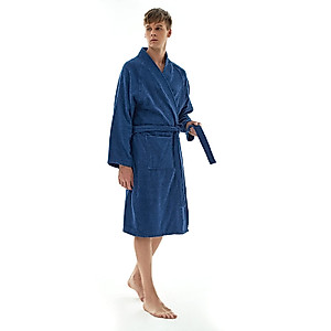 Ghui Terry Bathrobe Men,100% Cotton Terry Cloth Robes with Kimono Collar ,Thick Plush Towel Robe, Navy, XX-Large-3X-Large