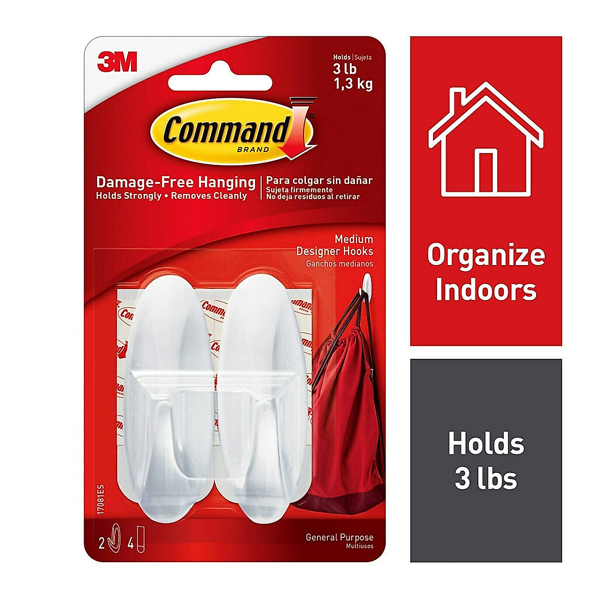 Command 17081ES Adhesive Strip Hooks,Medium Designer, Holds 3lbs, 2/PK, WE
