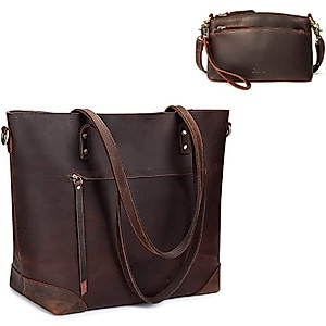 Women Vintage Genuine Leather Tote Bag with Small Leather Purse