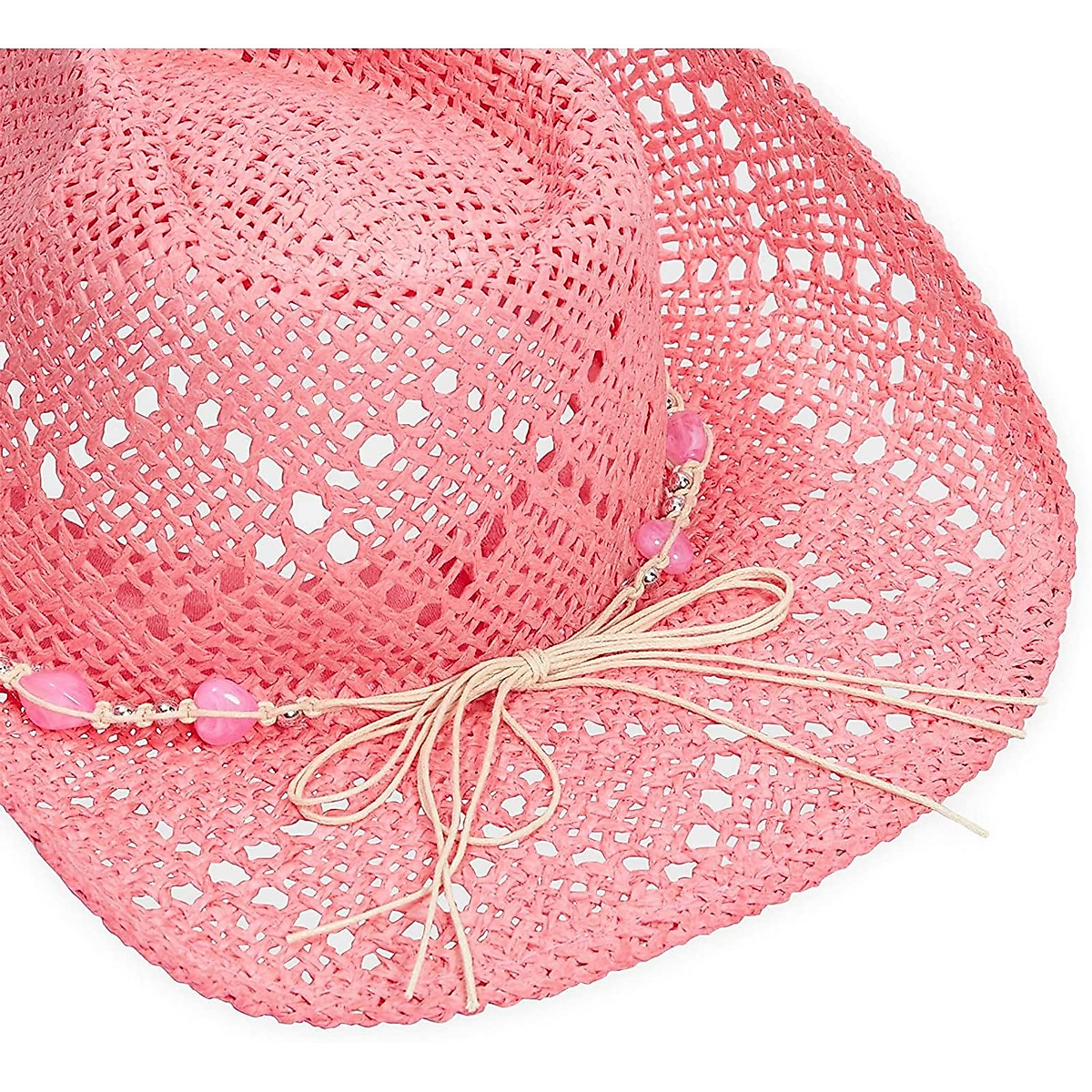 Zodaca Pink Cowboy Hat for Women - Pink Straw Beach Hat, Cute Cowgirl Hat with Beaded Heart Trim and Braided Chain (Adult Size)