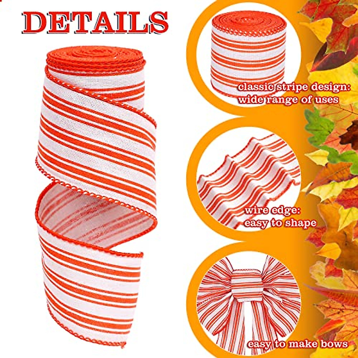 Whaline 2 Rolls Fall Thanksgiving Wired Ribbon Autumn Farmhouse Wired Edge Ribbon Orange Stripe Craft Ribbon for Bow Making Gift Wrapping Sewing Wreath Decoration, 2.5 Inch, 12 Yard