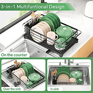 Dish Drying Rack in Sink Stainless Steel Dish Racks for Kitchen Counter Expandable Dish Drainer with Removable Utensil Holder Black