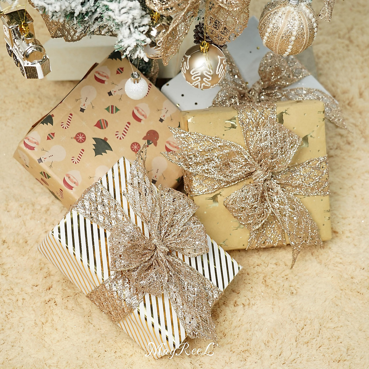 MAYREEL 2.5 Inch Champagne Wired Ribbon Glitter Pale Gold for Christmas Decorations Gift Wrapping Wreath Supplies Tree Toppers 10 Yards