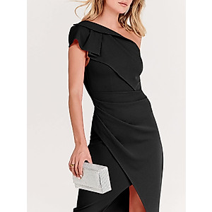ANRABESS Women's One Shoulder Cocktail Midi Dress Sleeveless Elegant Ruffle Wrap Ruched Bodycon Formal Wedding Guest Dresses Black Small