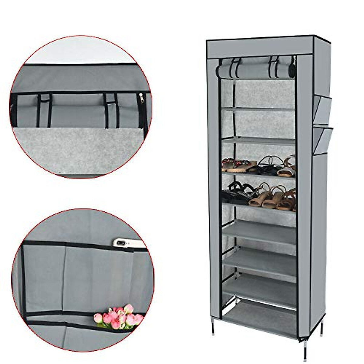 Shoes Rack with Cover, 10 Tier Shoes Organizer, Sneaker Rack with Dustproof Nonwoven Fabric Cover, Portable Shoe Rack Organizer , Fabric Shoes Rack Holds 27 Pairs, shoe storage cover (Grey)