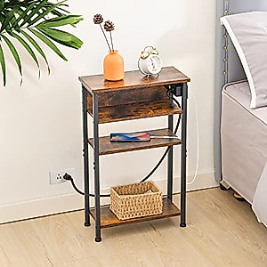 AMHANCIBLE Narrow Side Table with Charging Station, Slim End Table Set of 2, 4 Tier Sofa Table with Storage Shelf, for Small Spaces, USB Ports & Power Outlets, Metal Frame HETN04BR
