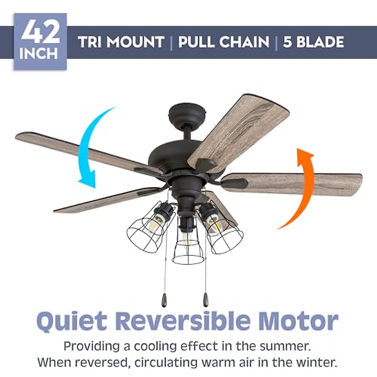 Prominence Home Madison County, 42 Inch Industrial Style LED Ceiling Fan with Light, Pull Chain, Three Mounting Options, Modern Dual Finish Blades, Reversible Motor - 50588-01 ( Bronze)