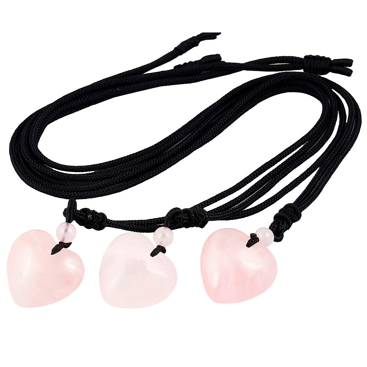 SUNYIK Rose Quartz Puffy Heart Stone Pendant Necklace for Women, Healing Crystal Handmade Necklaces for Ladies, Adjustable 19"-26" Strand, Pack of 2