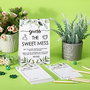 67 Pcs Guess The Sweet Mess Baby Shower Game Dirty Diaper Game Including Guess The Sweet Mess Sign 50 Small Cards 10 Pencils and 6 Number Stickers for Baby Shower Gender Reveal Party (Leaves)