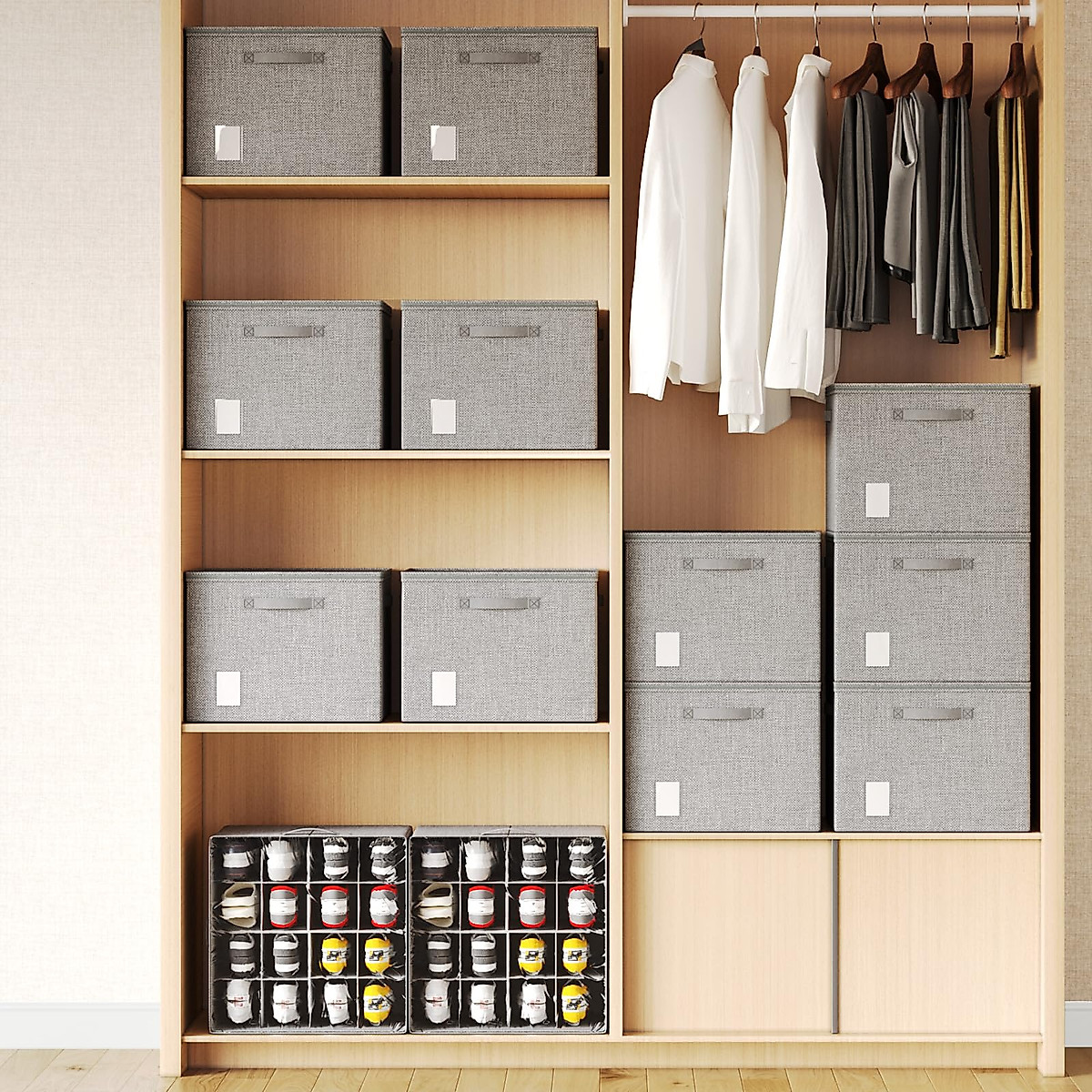 DIMJ Shoe Organizer for Closet - Adjustable Shoe Storage Organizer W/Clear Cover, Linen-like Shoe Storage Box Bins Cube, Foldable Shoes Holder w/Reinforced Handles Grey 2 Pack Fit up to 32 Pairs