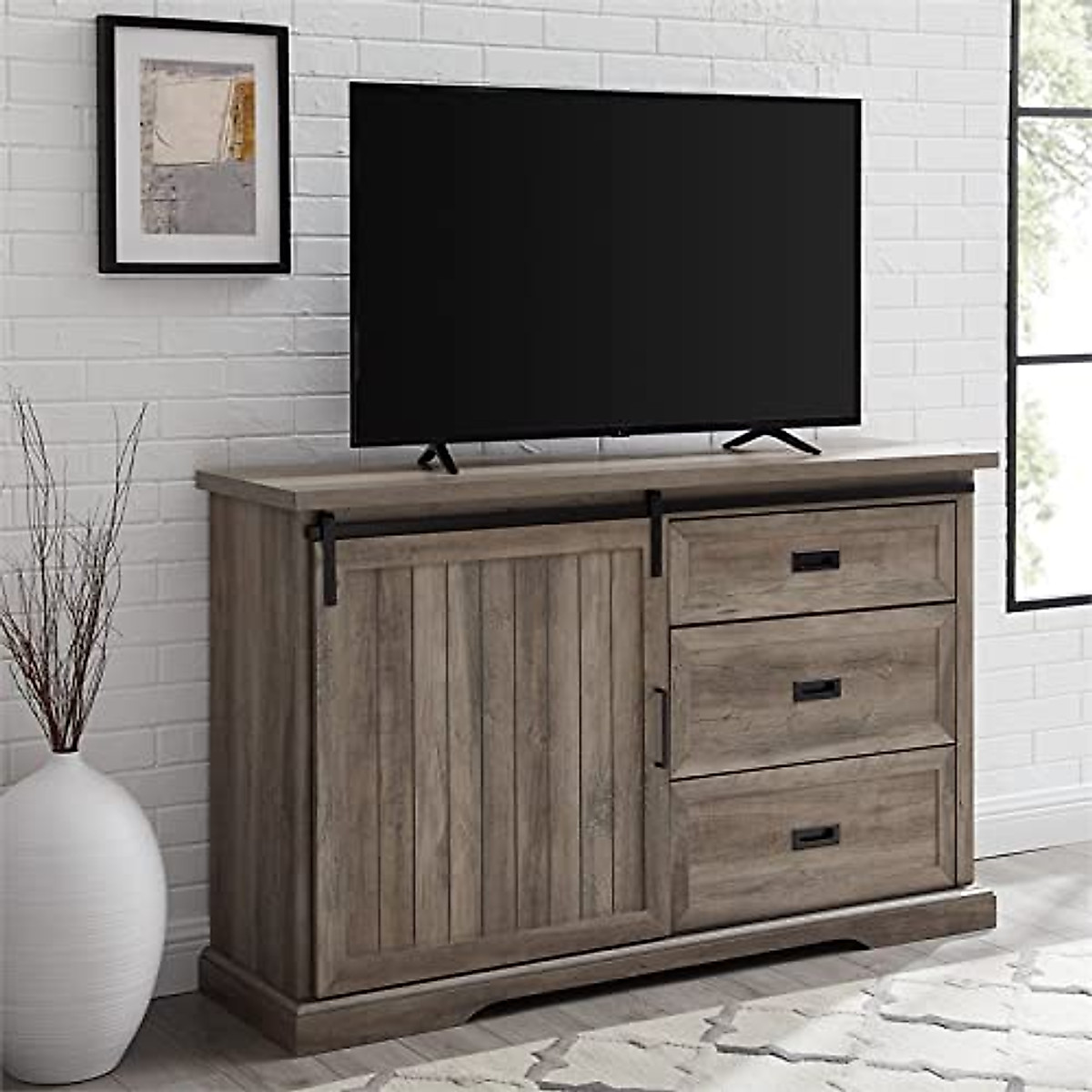 Walker Edison Modern Farmhouse Wood Grooved Door Buffet Sideboard Living Room Entryway Serving Storage Cabinet Doors-Dining Room Console, 56 Inch, Grey Wash