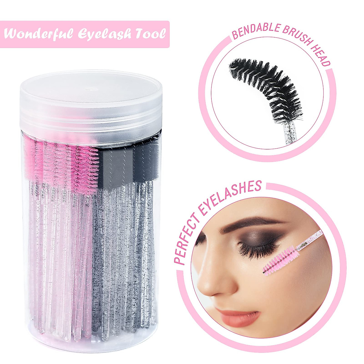 G2PLUS 100PCS Eyelash Brush, Ajustable Disposable Mascara Wands, Crystal Lash Spoolie, Eyebrow Spoolie Brush with Container for Makeup, Eyelash Extensions (Black+Pink)