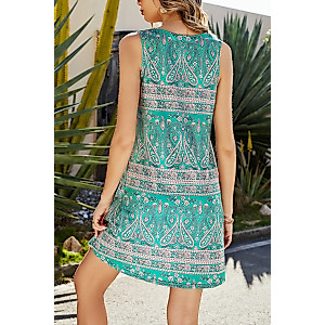 SimpleFun T Shirt Dress Women Summer Knee Length Sundresses Sleeveless Swing Tunic Short Dress Green Print,L