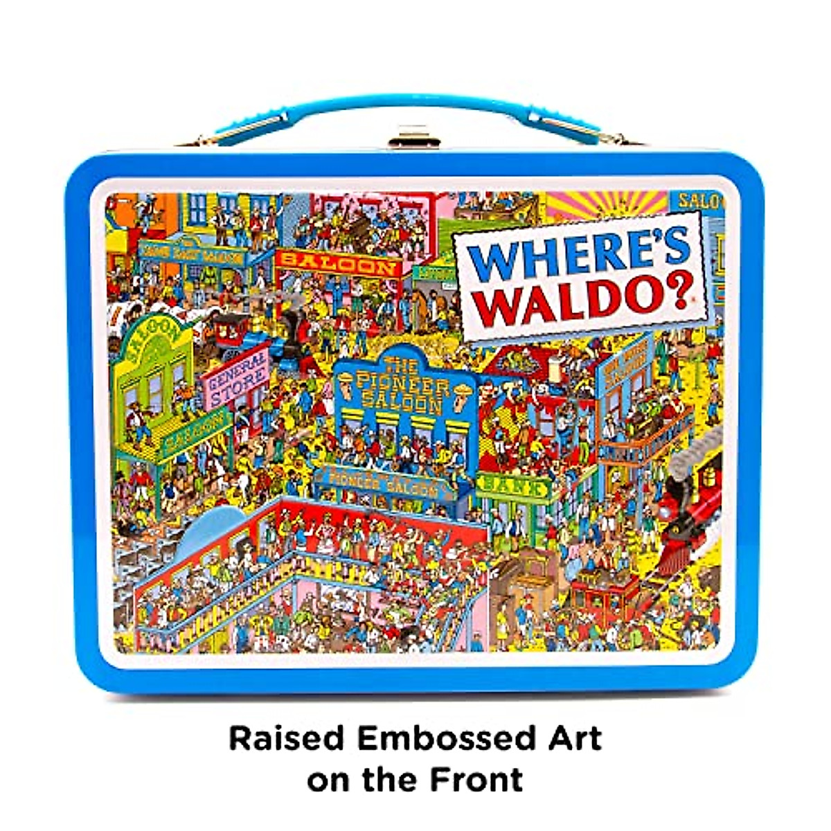 AQUARIUS Where's Waldo Fun Box - Sturdy Tin Storage Box with Plastic Handle & Embossed Front Cover - Officially Licensed Waldo Merchandise & Collectible Gift (48276)