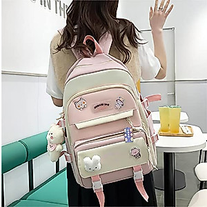 LaurelTree Kawaii Aesthetic Cute 5pcs School Bags Set with Accessories School Suppliers for Teens Girls Backpack Tote Bag (Pink)
