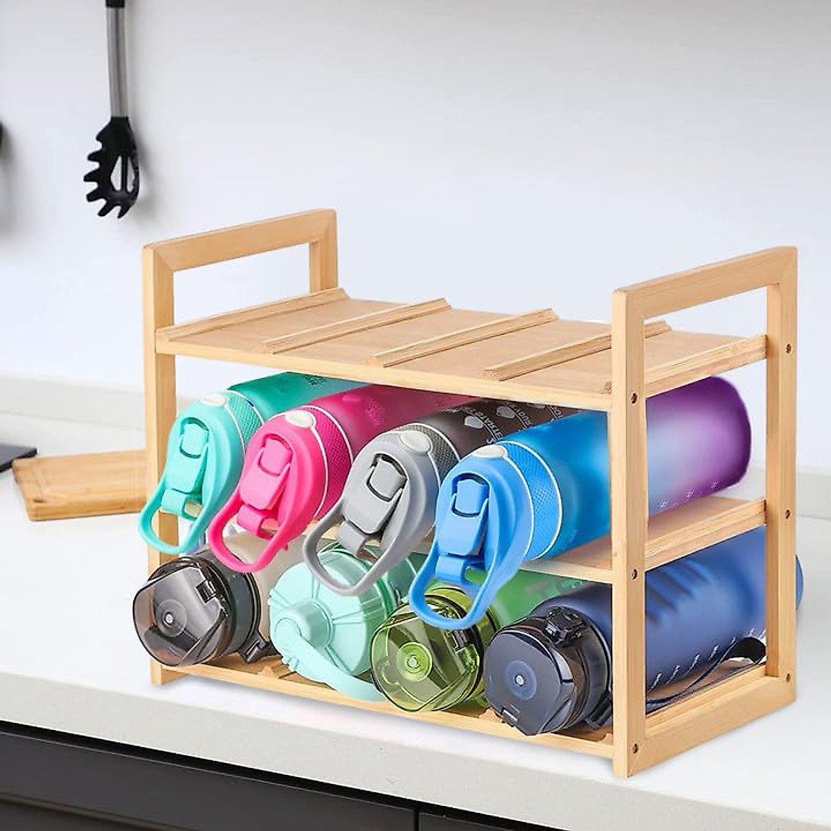 Meegoo Water Bottle Organizer, Bamboo Stackable Water Bottle Holder, 12 Freestanding Water Bottle Holder Rack, Storage for Cabinet Kitchen Countertops, Table Top, Pantry, Classroom, Yoga Room, Gym
