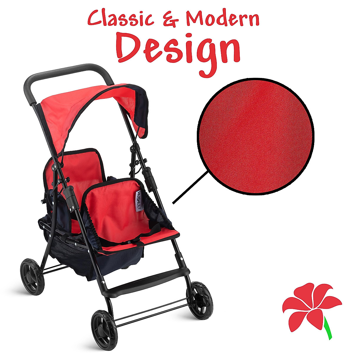 Hushlily® Tandem Double Doll Stroller with Adjustable Canopy & Basket, Foldable, with Smooth Rolling Wheels (Red & Blue)