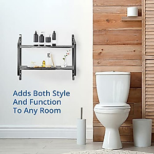 Halter Floating Shelves, 2 Tier Wall Mounted Shelves, Heavy Duty Brackets, Industrial Wood, Mounted, Above Toilet Bathroom Shelves, Bathroom Hanging Shelves with Curved Brackets, Medium, Grey Wood