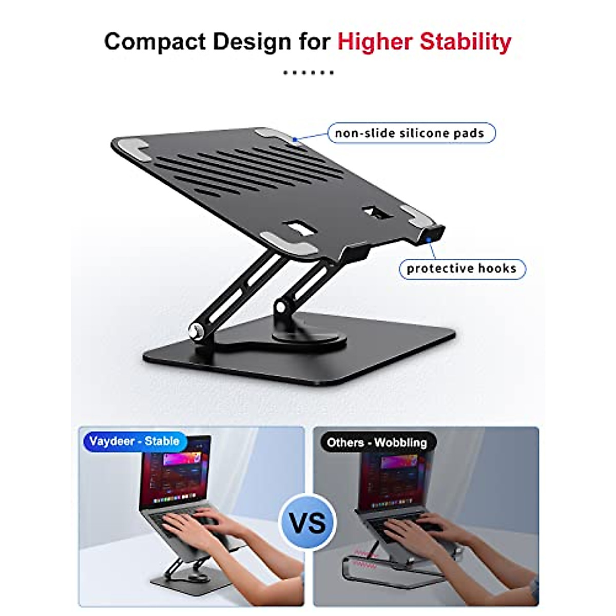 Vaydeer Adjustable Laptop Stand with 360° Free Rotation Base and Foldable Design Ergonomic Laptop Riser Fits for MacBook, Dell, HP and More 10-15.6” Laptops (Black)