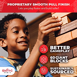 SWOOC Games - Reclaimed Giant Tower Game (Weather Resistant) 60 Blocks + Storage Crate/Outdoor Game Table | Stacks up to 5ft | Giant Outdoor Games for Adults | Large Yard Games | Jumbo Lawn Games