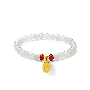 ZHOU LIU FU 24K Solid Gold Bracelets, Real Pure Gold Jewelry White Nephrite Jade Beaded Bracelets Dainty Gold Fortune Plate for Women Men Teen Girls