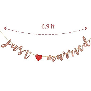 KakaSwa Just Married Banner, Wedding Party / Birdal Shower / Engagement Party Decorations, Hanging Banner for Wedding Party, Theme Party Supplies - Rose Gold