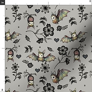 Spoonflower Fabric - Bat Pattern Grey Flowers Wild Hearts Animals Bats Decor Printed on Petal Signature Cotton Fabric Fat Quarter - Sewing Quilting Apparel Crafts Decor